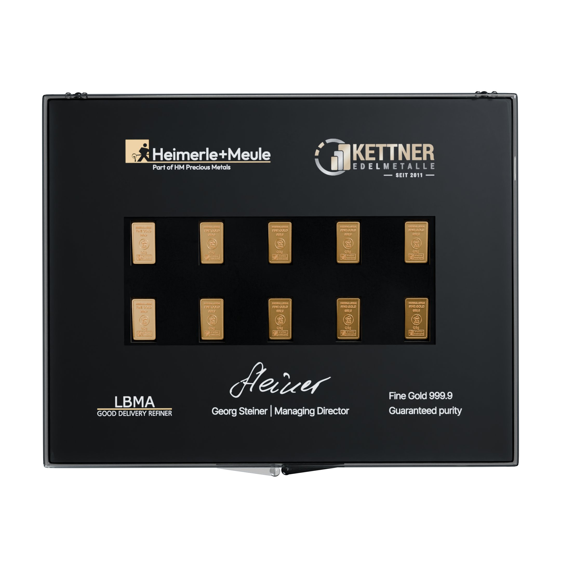 10 x 0,5g Goldbarren Heimerle und Meule Sammlerbox