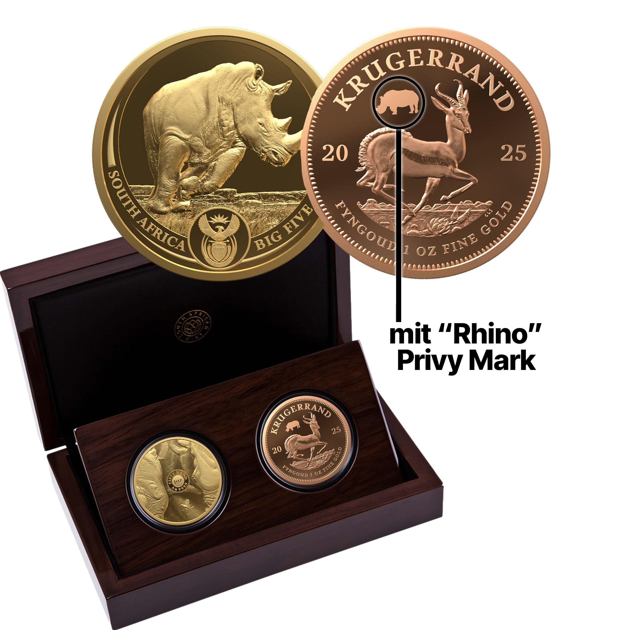 2 x 1 Unze Gold Big Five III & Krügerrand Satz Privymark Nashorn 2025 ...